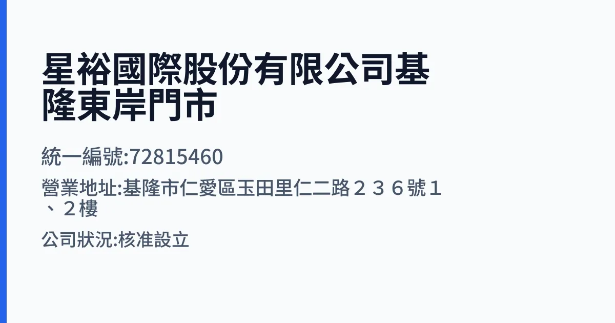 星裕國際股份有限公司基隆東岸門市 - 統編 72815460(基隆市) 公司登記資料與營業項目詳細圖表