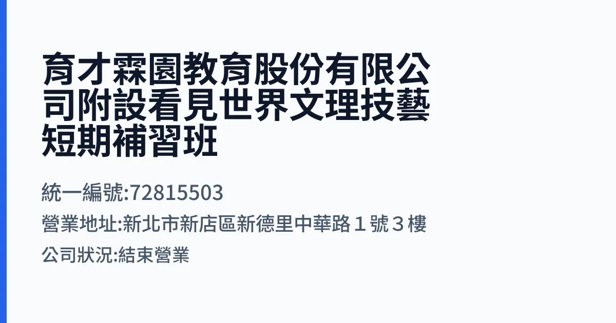 育才霖園教育股份有限公司附設看見世界文理技藝短期補習班 - 統編 72815503(新北市) 公司登記資料與營業項目詳細圖表
