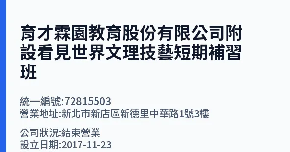 育才霖園教育股份有限公司附設看見世界文理技藝短期補習班的照片-統編 72815503(新北市) 公司登記資料與營業項目詳細圖表