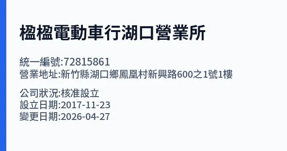 楹楹電動車行湖口營業所的照片-統編 72815861(新竹縣) 公司登記資料與營業項目詳細圖表