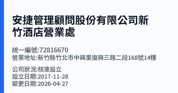 安捷管理顧問股份有限公司新竹酒店營業處的照片-統編 72816670(新竹縣) 公司登記資料與營業項目詳細圖表
