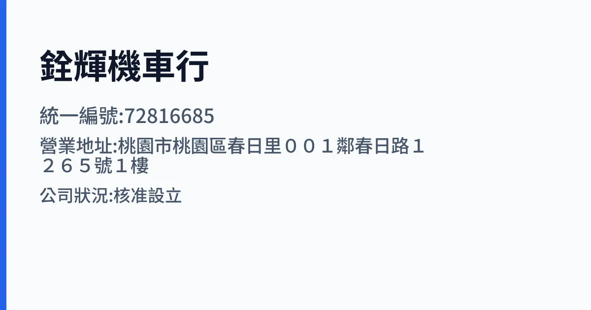 銓輝機車行 - 統編 72816685(桃園市) 公司登記資料與營業項目詳細圖表