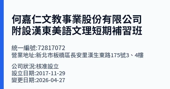 何嘉仁文教事業股份有限公司附設漢東美語文理短期補習班的照片-統編 72817072(新北市) 公司登記資料與營業項目詳細圖表
