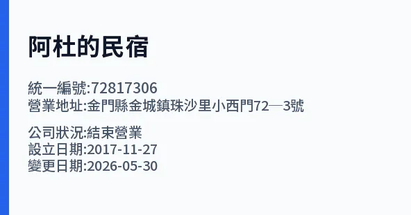 阿杜的民宿的照片-統編 72817306(金門縣) 公司登記資料與營業項目詳細圖表