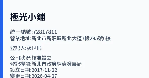 極光小鋪的照片-統編 72817811(新北市) 公司登記資料與營業項目詳細圖表