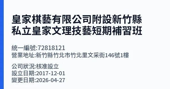 皇家棋藝有限公司附設新竹縣私立皇家文理技藝短期補習班的照片-統編 72818121(新竹縣) 公司登記資料與營業項目詳細圖表