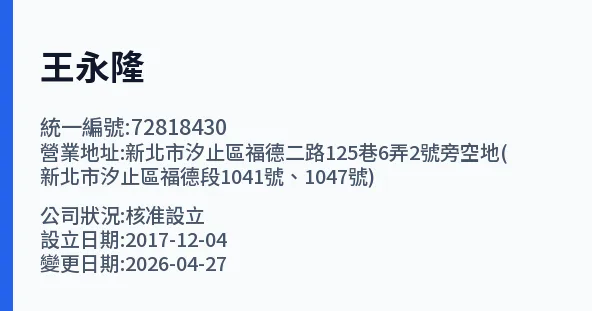 王永隆的照片-統編 72818430(新北市) 公司登記資料與營業項目詳細圖表