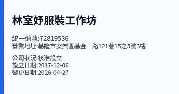林室妤服裝工作坊的照片-統編 72819536(基隆市) 公司登記資料與營業項目詳細圖表