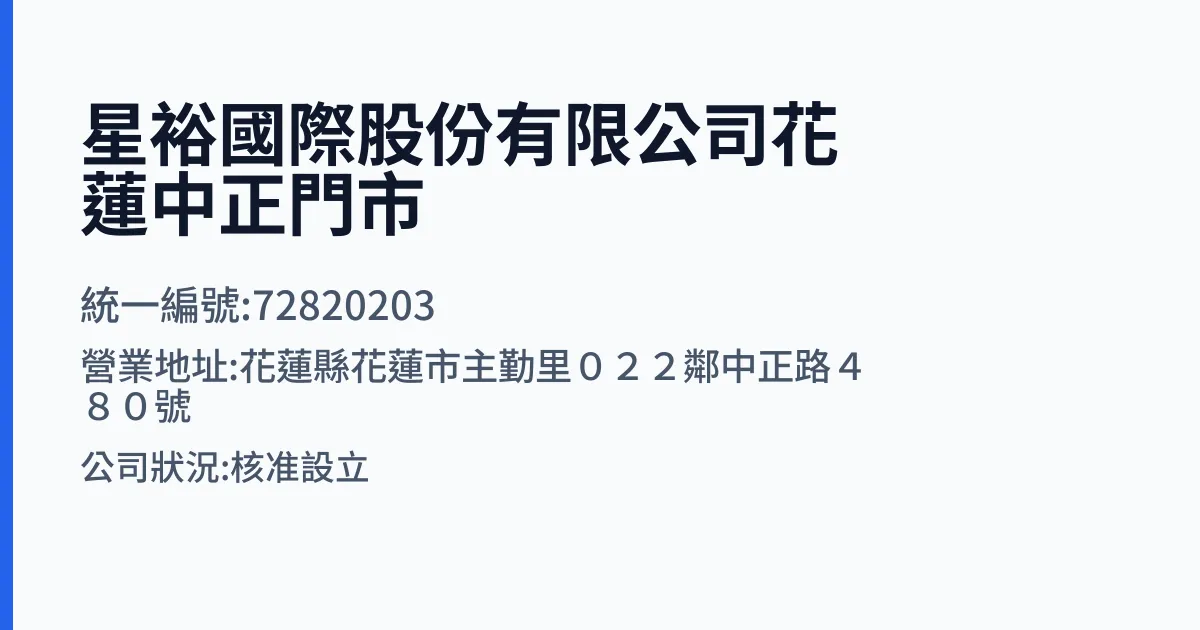 星裕國際股份有限公司花蓮中正門市 - 統編 72820203(花蓮縣) 公司登記資料與營業項目詳細圖表