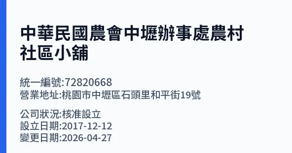 中華民國農會中壢辦事處農村社區小舖的照片-統編 72820668(桃園市) 公司登記資料與營業項目詳細圖表