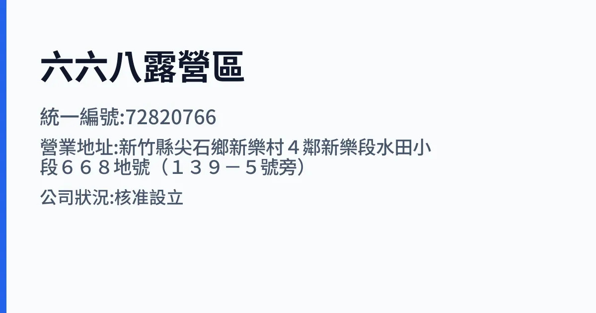 六六八露營區 - 統編 72820766(新竹縣) 公司登記資料與營業項目詳細圖表