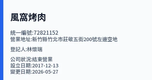風窩烤肉的照片-統編 72821152(新竹縣) 公司登記資料與營業項目詳細圖表