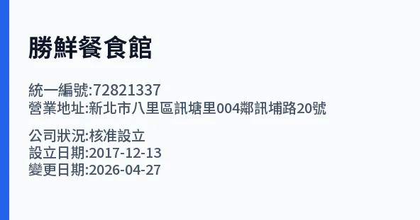 勝鮮餐食館的照片-統編 72821337(新北市) 公司登記資料與營業項目詳細圖表