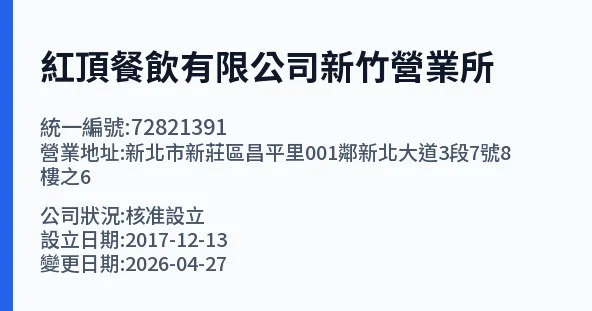 紅頂餐飲有限公司新竹營業所的照片-統編 72821391(新北市) 公司登記資料與營業項目詳細圖表