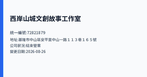 西岸山城文創故事工作室的照片-統編 72821879(基隆市) 公司登記資料與營業項目詳細圖表