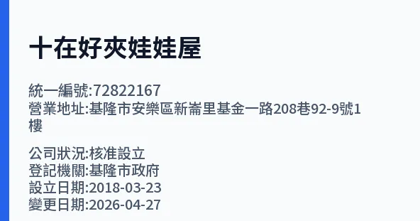 十在好夾娃娃屋的照片-統編 72822167(基隆市) 公司登記資料與營業項目詳細圖表