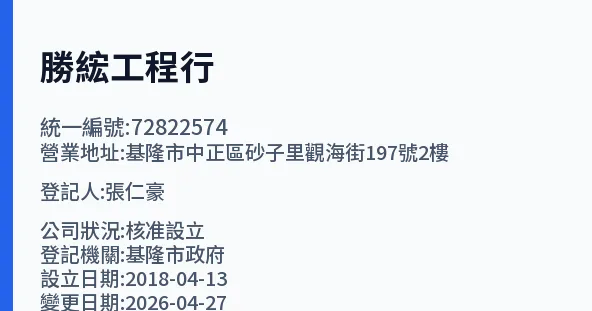 勝綋工程行的照片-統編 72822574(基隆市) 公司登記資料與營業項目詳細圖表