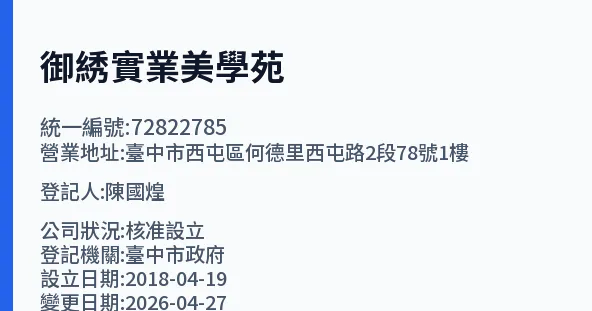 御綉實業美學苑的照片-統編 72822785(臺中市) 公司登記資料與營業項目詳細圖表