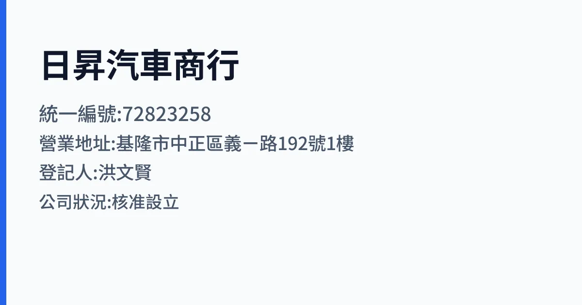 日昇汽車商行 - 統編 72823258(基隆市) 公司登記資料與營業項目詳細圖表