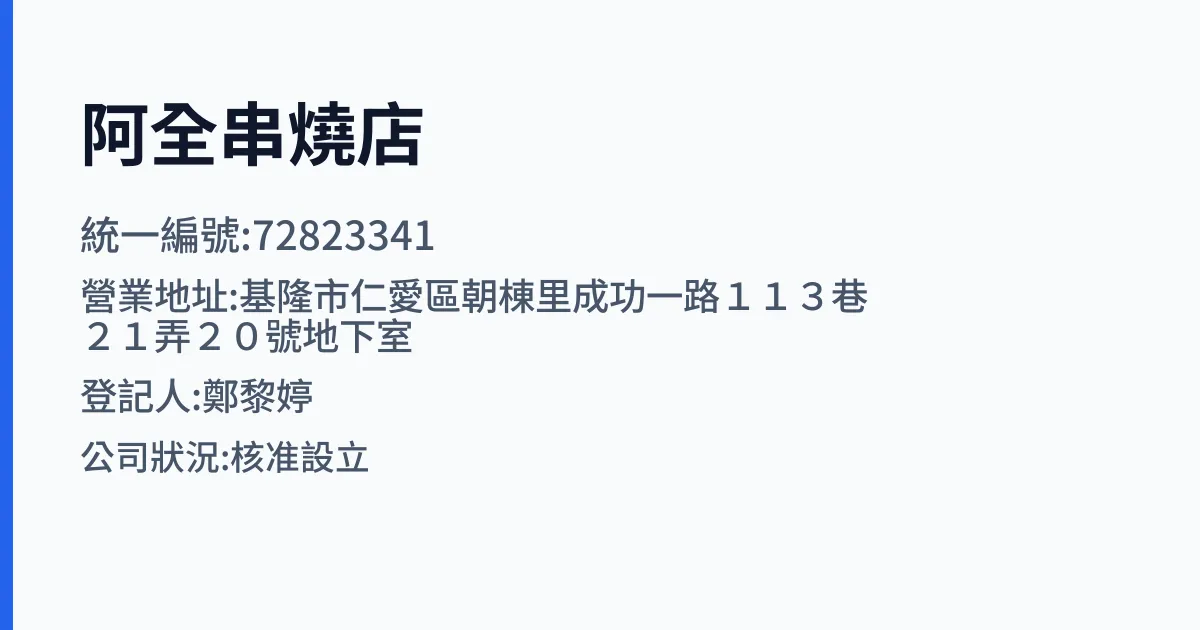 阿全串燒店 - 統編 72823341(基隆市) 公司登記資料與營業項目詳細圖表
