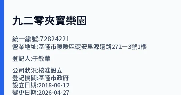 九二零夾寶樂園的照片-統編 72824221(基隆市) 公司登記資料與營業項目詳細圖表