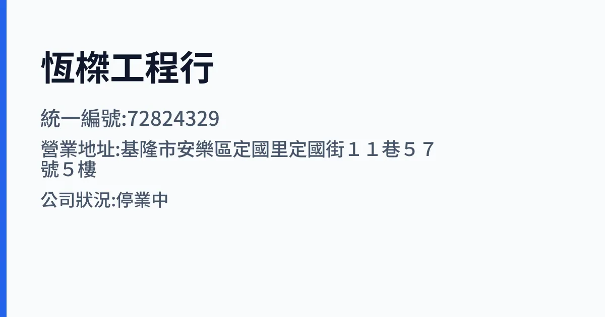 恆榤工程行 - 統編 72824329(基隆市) 公司登記資料與營業項目詳細圖表