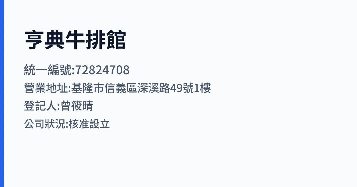 亨典牛排館 - 統編 72824708(基隆市) 公司登記資料與營業項目詳細圖表