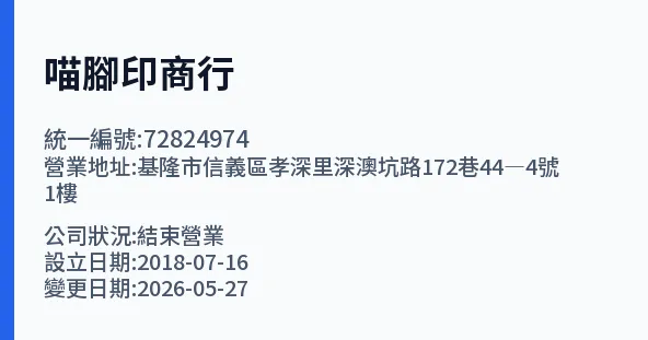 喵腳印商行的照片-統編 72824974(基隆市) 公司登記資料與營業項目詳細圖表