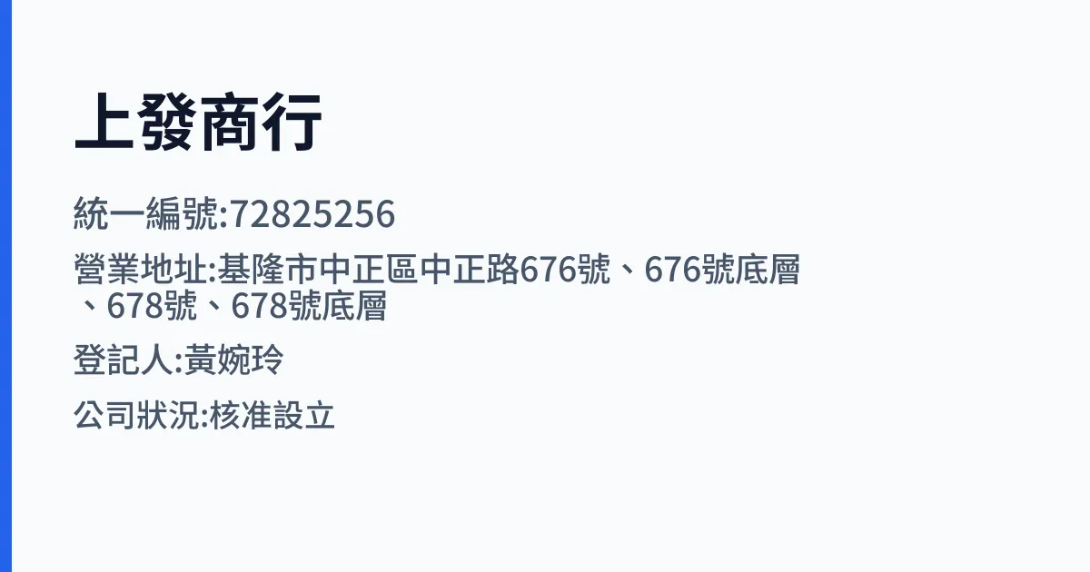上發商行 - 統編 72825256(基隆市) 公司登記資料與營業項目詳細圖表