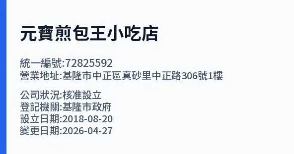 元寶煎包王小吃店的照片-統編 72825592(基隆市) 公司登記資料與營業項目詳細圖表