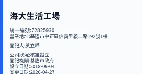 海大生活工場的照片-統編 72825930(基隆市) 公司登記資料與營業項目詳細圖表