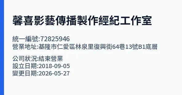 馨喜影藝傳播製作經紀工作室的照片-統編 72825946(基隆市) 公司登記資料與營業項目詳細圖表
