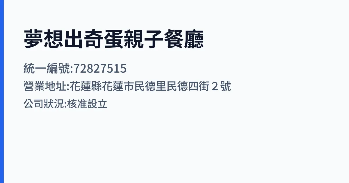 夢想出奇蛋親子餐廳 - 統編 72827515(花蓮縣) 公司登記資料與營業項目詳細圖表