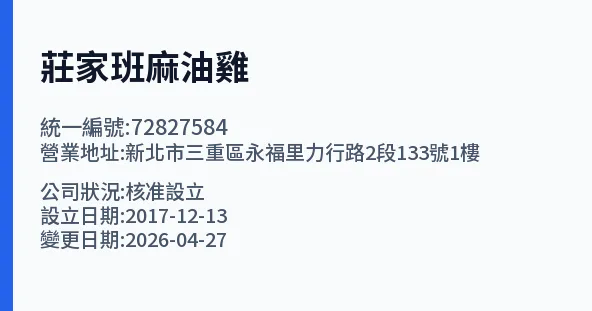莊家班麻油雞的照片-統編 72827584(新北市) 公司登記資料與營業項目詳細圖表