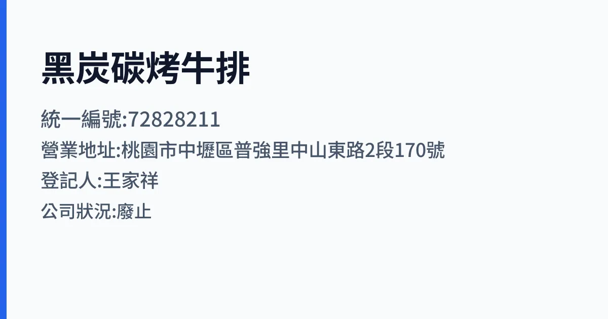 黑炭碳烤牛排 - 統編 72828211(桃園市) 公司登記資料與營業項目詳細圖表