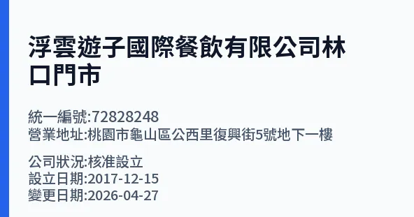 浮雲遊子國際餐飲有限公司林口門市的照片-統編 72828248(桃園市) 公司登記資料與營業項目詳細圖表