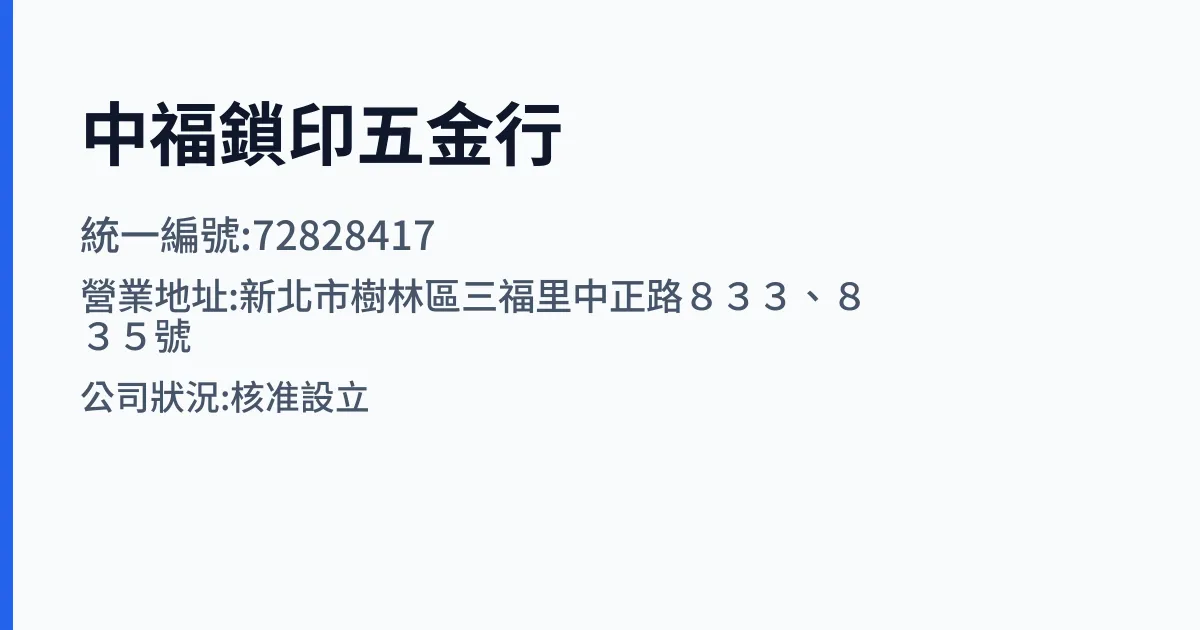 中福鎖印五金行 - 統編 72828417(新北市) 公司登記資料與營業項目詳細圖表