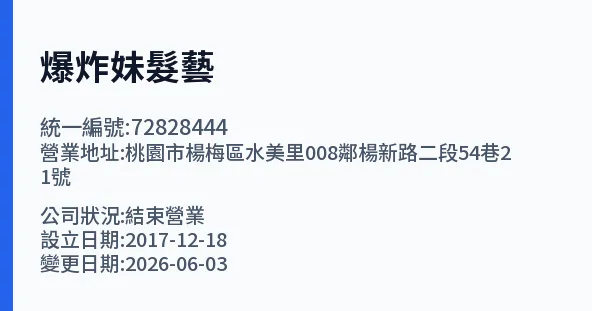 爆炸妹髮藝的照片-統編 72828444(桃園市) 公司登記資料與營業項目詳細圖表