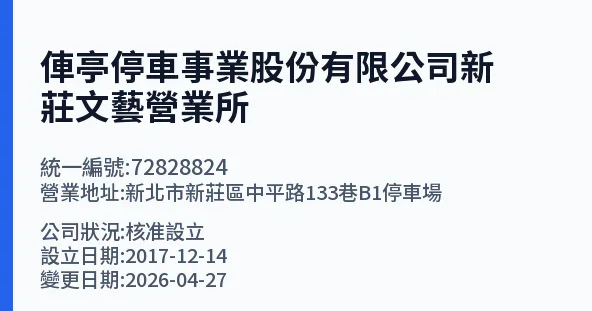 俥亭停車事業股份有限公司新莊文藝營業所的照片-統編 72828824(新北市) 公司登記資料與營業項目詳細圖表