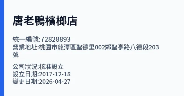唐老鴨檳榔店的照片-統編 72828893(桃園市) 公司登記資料與營業項目詳細圖表