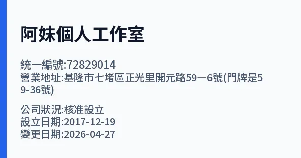 阿妹個人工作室的照片-統編 72829014(基隆市) 公司登記資料與營業項目詳細圖表