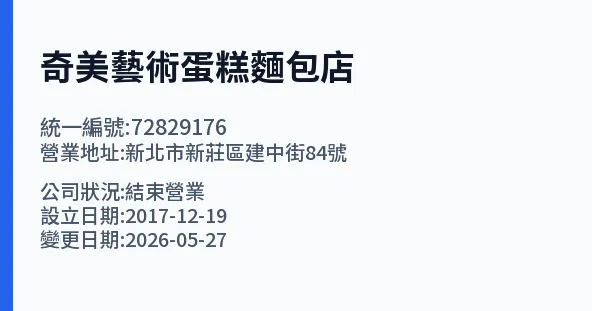 奇美藝術蛋糕麵包店的照片-統編 72829176(新北市) 公司登記資料與營業項目詳細圖表