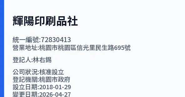 輝陽印刷品社的照片-統編 72830413(桃園市) 公司登記資料與營業項目詳細圖表