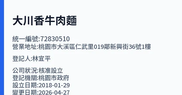 大川香牛肉麵的照片-統編 72830510(桃園市) 公司登記資料與營業項目詳細圖表