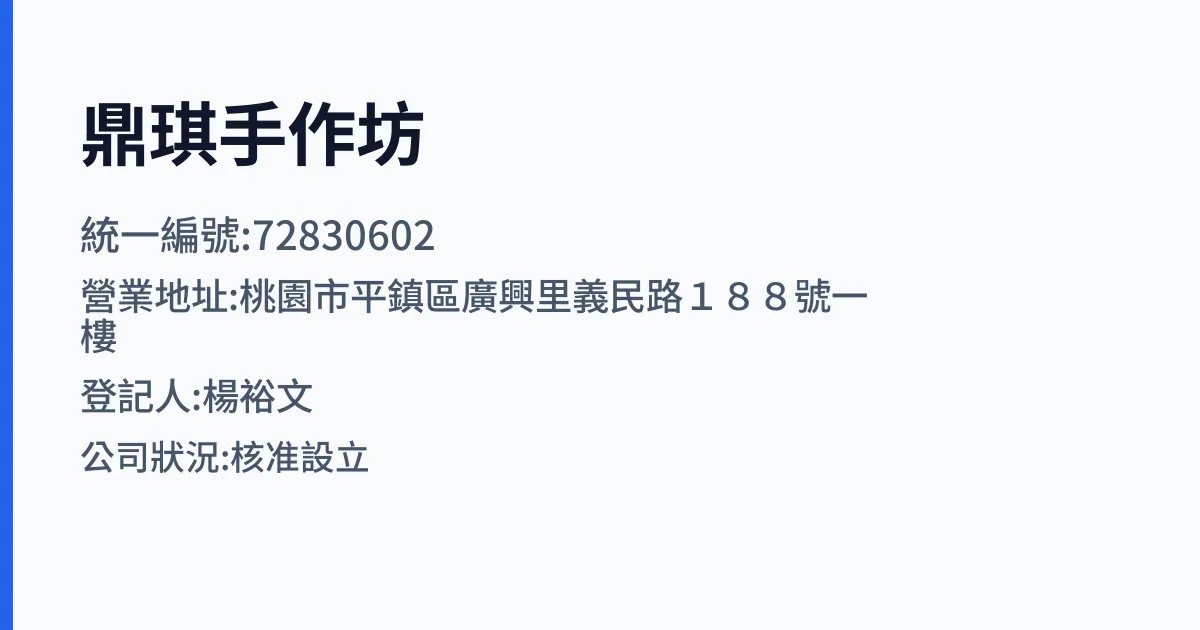 鼎琪手作坊 - 統編 72830602(桃園市) 公司登記資料與營業項目詳細圖表