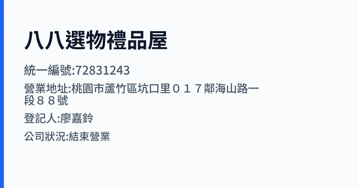 八八選物禮品屋 - 統編 72831243(桃園市) 公司登記資料與營業項目詳細圖表