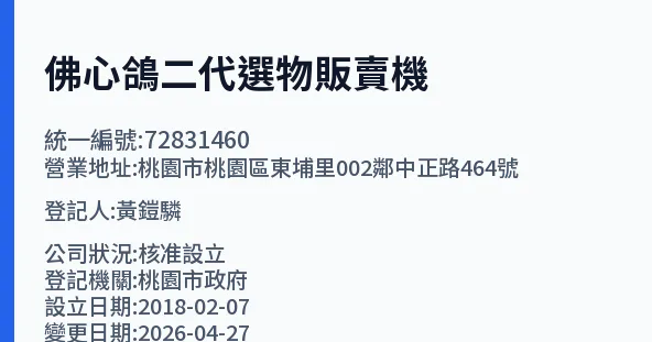 佛心鴿二代選物販賣機的照片-統編 72831460(桃園市) 公司登記資料與營業項目詳細圖表