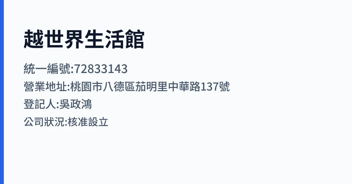 越世界生活館 - 統編 72833143(桃園市) 公司登記資料與營業項目詳細圖表
