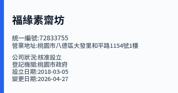 福緣素齋坊的照片-統編 72833755(桃園市) 公司登記資料與營業項目詳細圖表