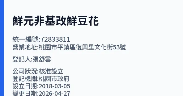 鮮元非基改鮮豆花的照片-統編 72833811(桃園市) 公司登記資料與營業項目詳細圖表